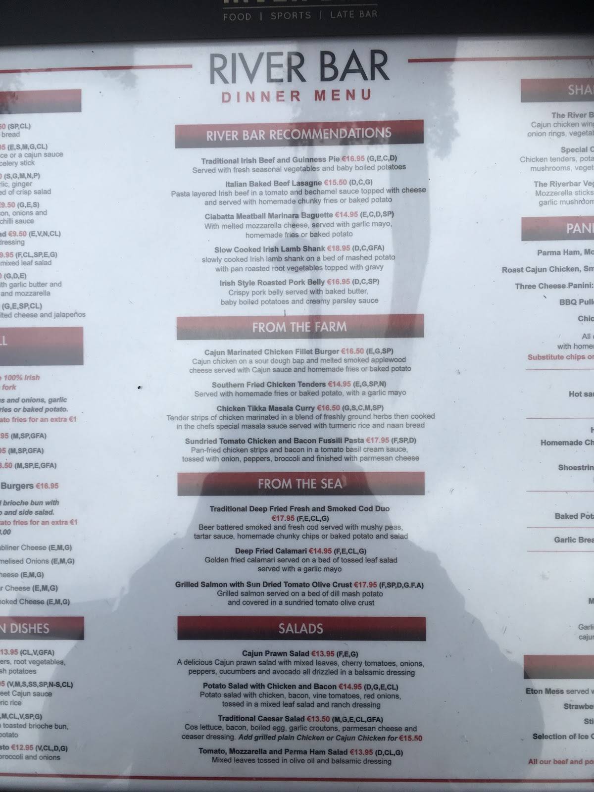 Menu at River Bar, Dublin
