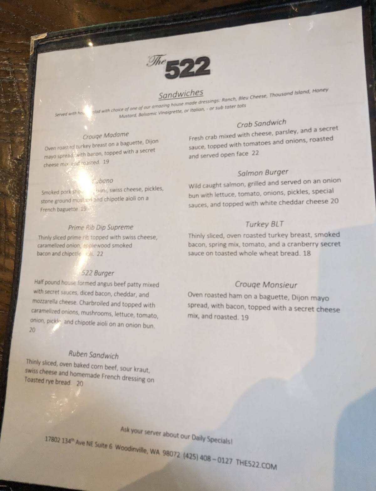 Menu at Route 522 Taproom "The 522" pub & bar, Woodinville