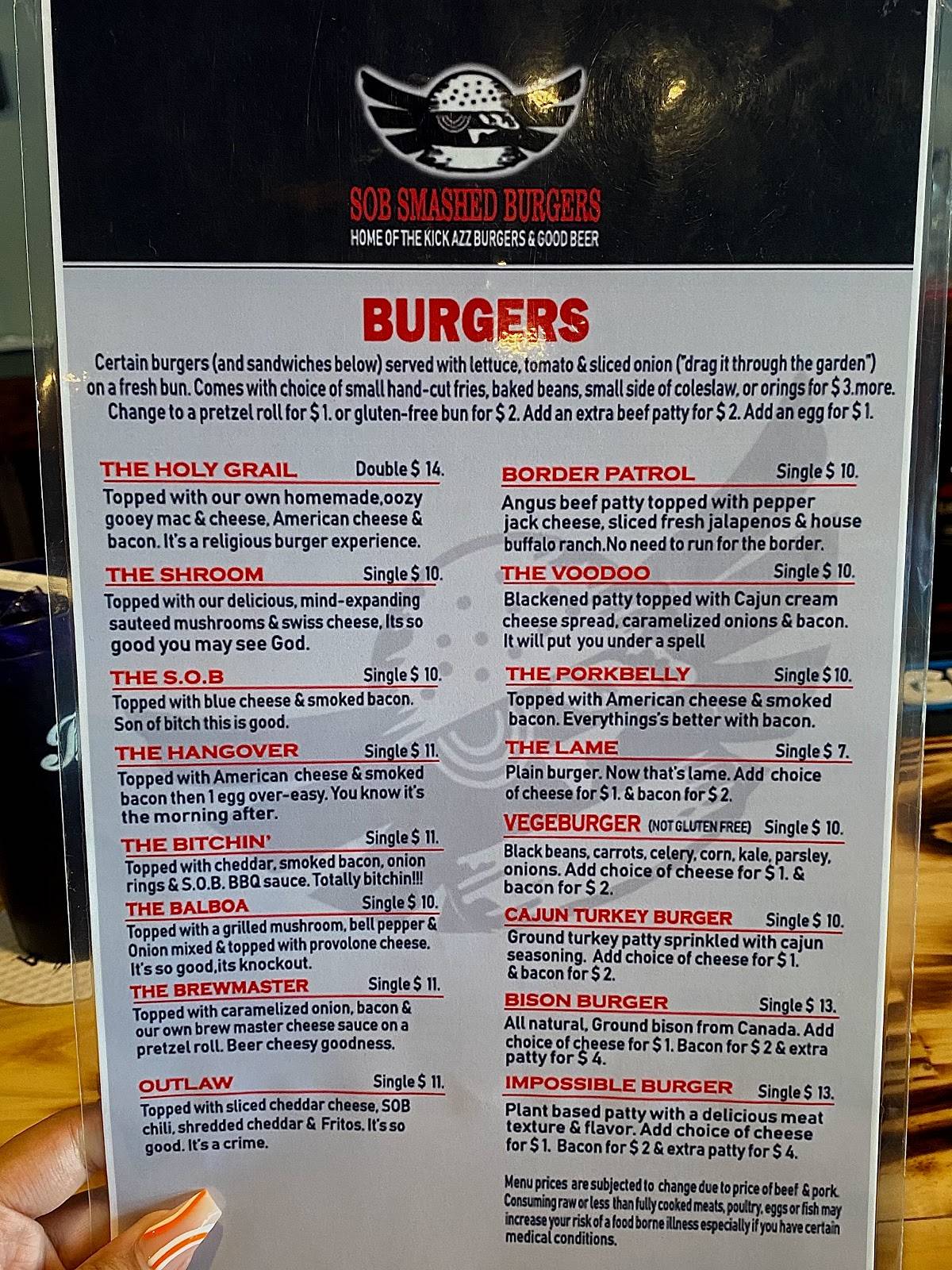 Menu at S.O.B. Burgers pub & bar, Bradenton