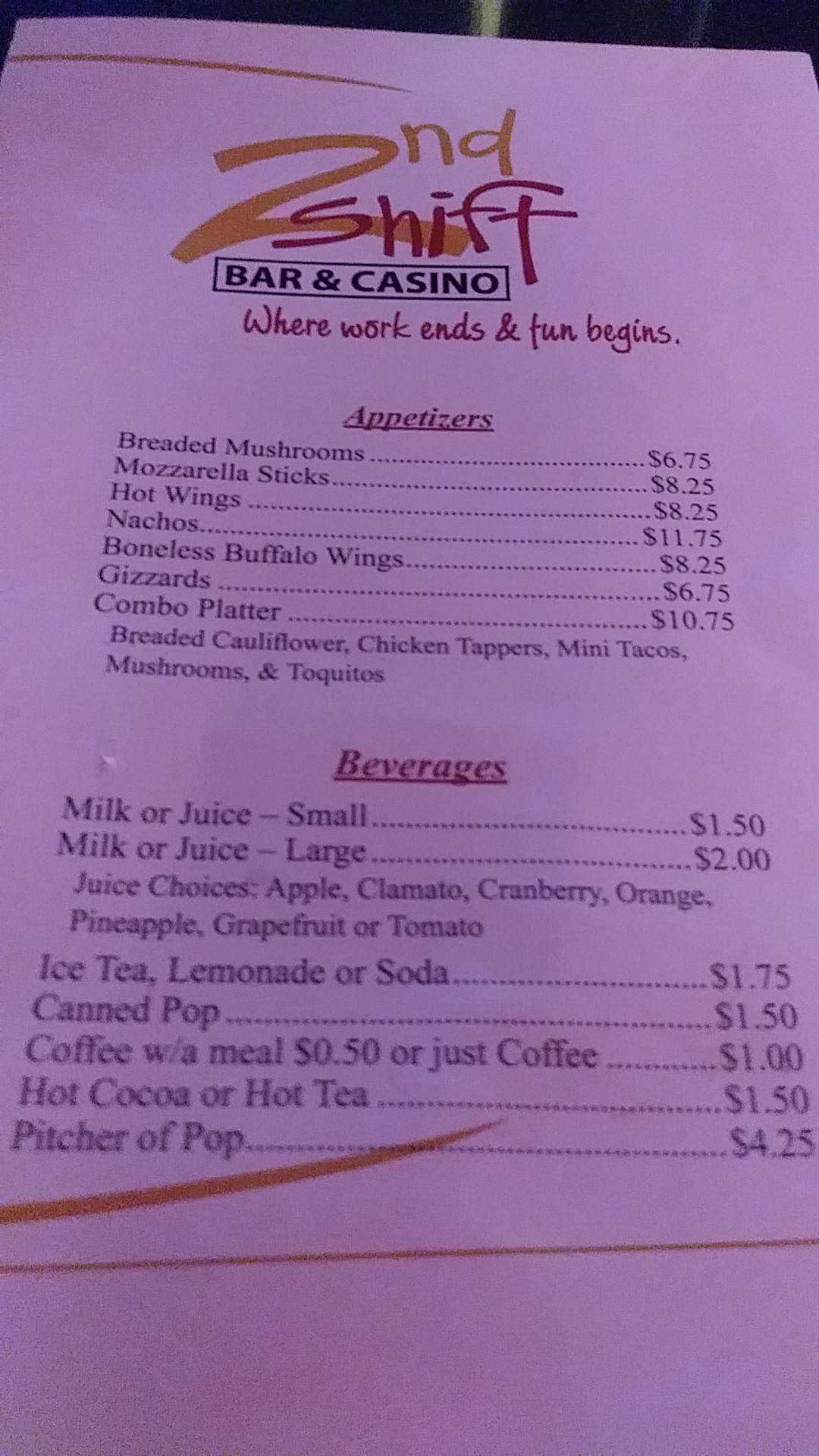 Menu at Second Shift pub & bar, Billings, 934 US-87