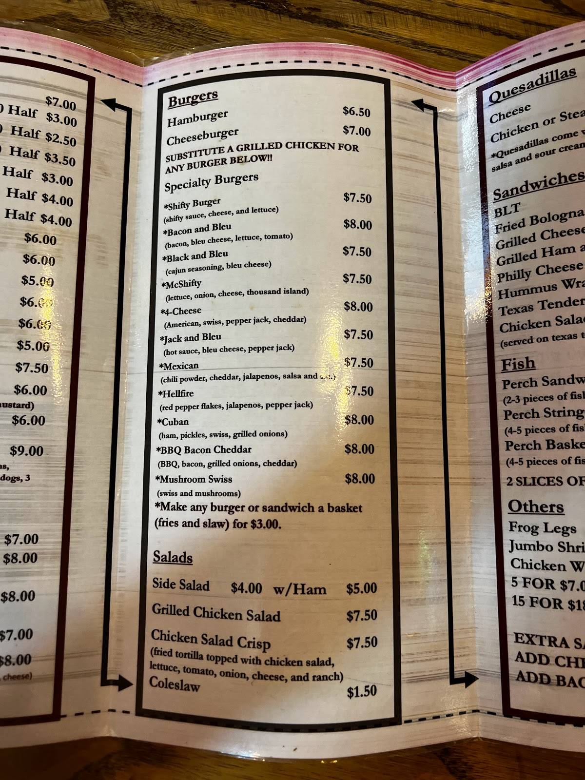 Menu at Shifty's pub & bar, Circleville