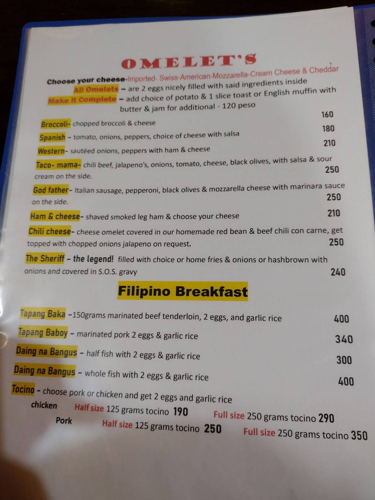 Menu at Sit-n-Bull pub & bar, Olongapo, 58 RH 5 National Hwy
