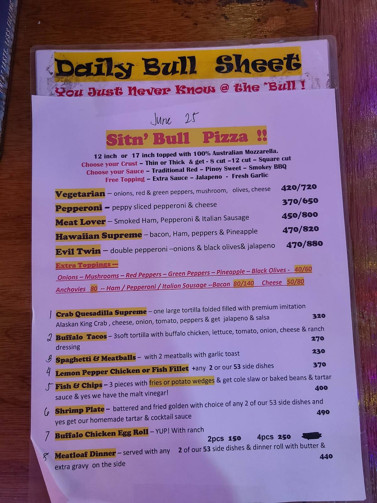 Menu at Sit-n-Bull pub & bar, Olongapo, 58 RH 5 National Hwy
