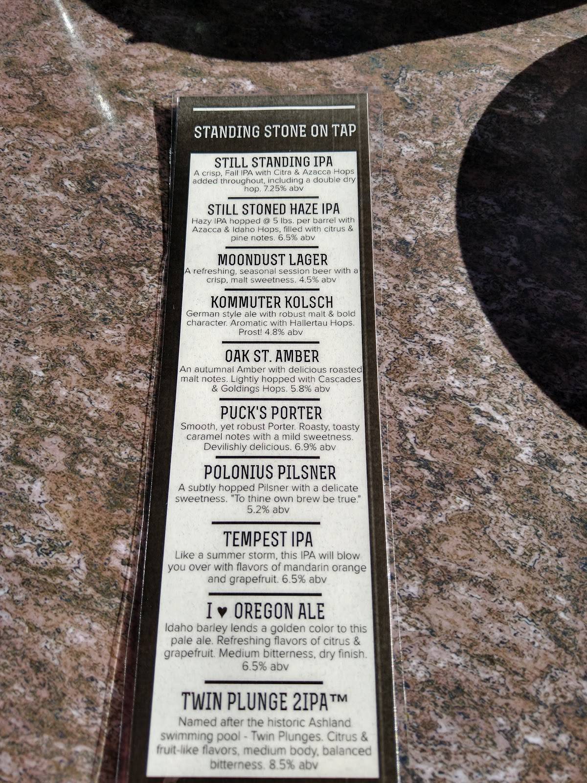 Menu at Standing Stone Brewing Company pub & bar, Ashland