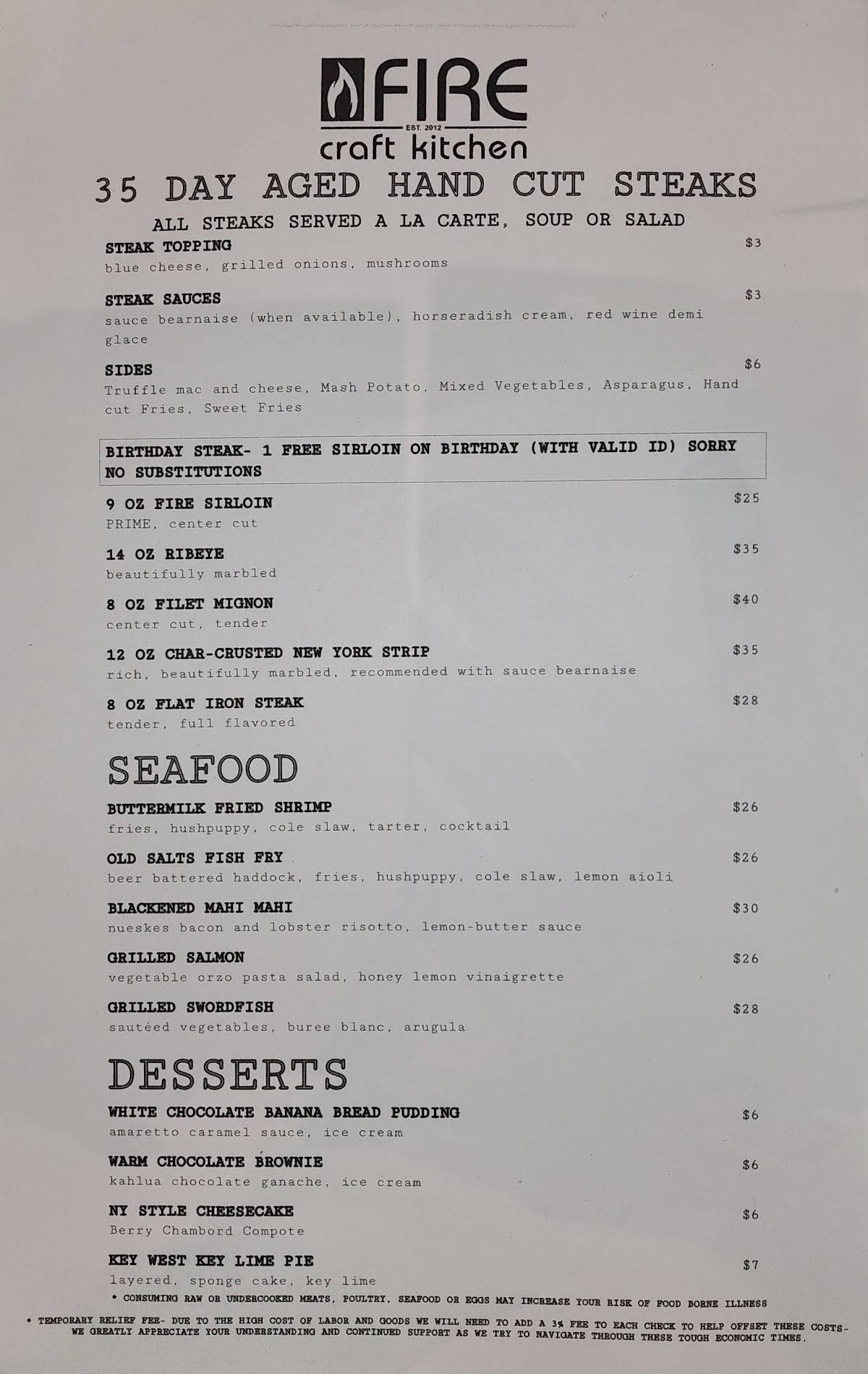 Menu at THE FIRE RESTAURANT, Winter Haven