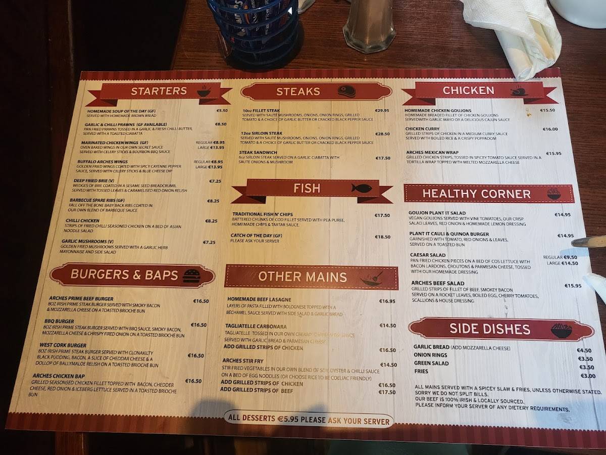 Menu at The Arches Bar & Restaurant, Mallow
