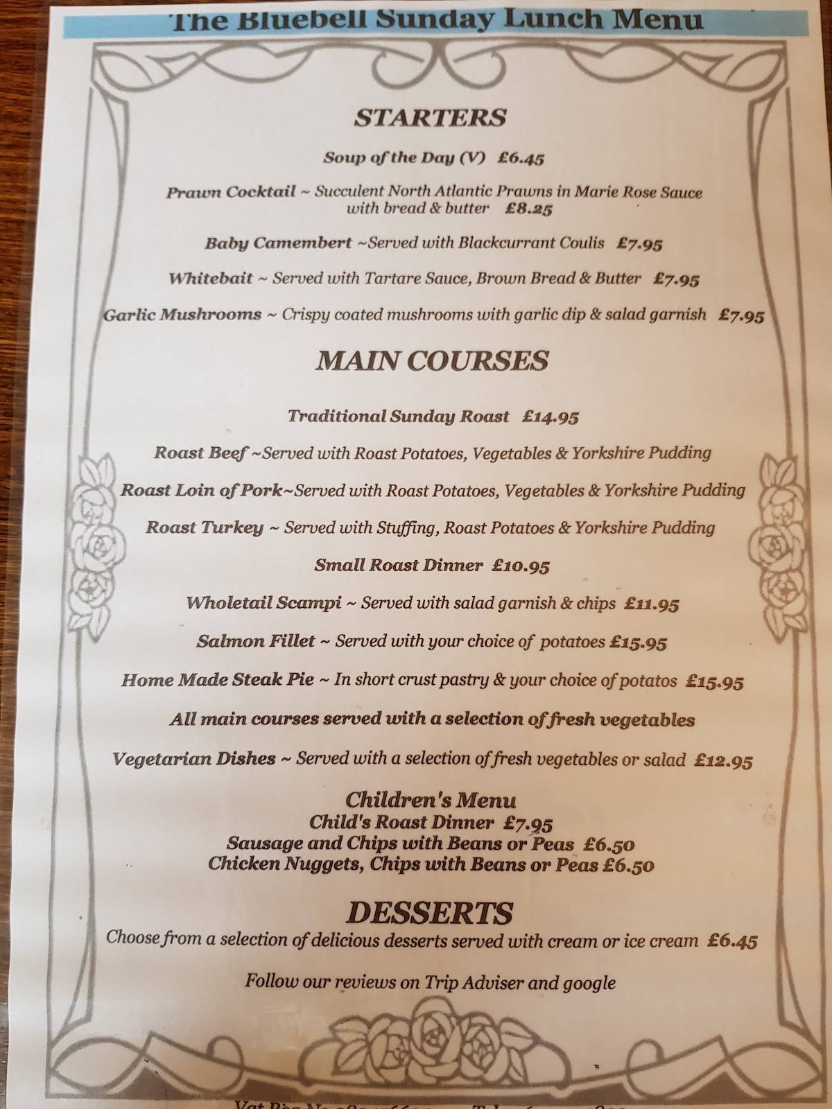 Menu at The Bluebell pub & bar, North Walsham