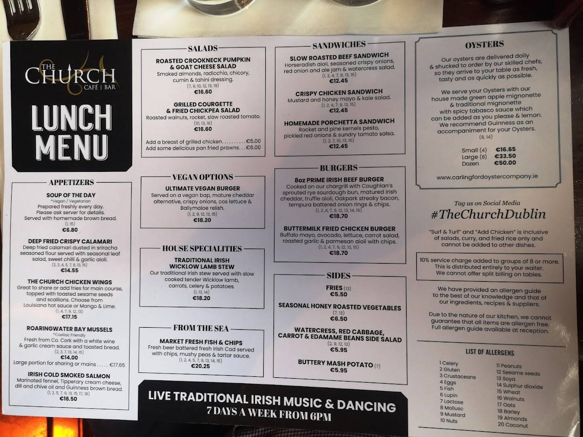 Menu at The Church Café Bar, Dublin, Jervis St