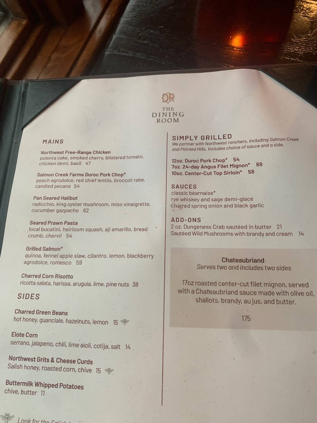 Menu at The Dining Room @ Salish Lodge & Spa pub & bar, Snoqualmie