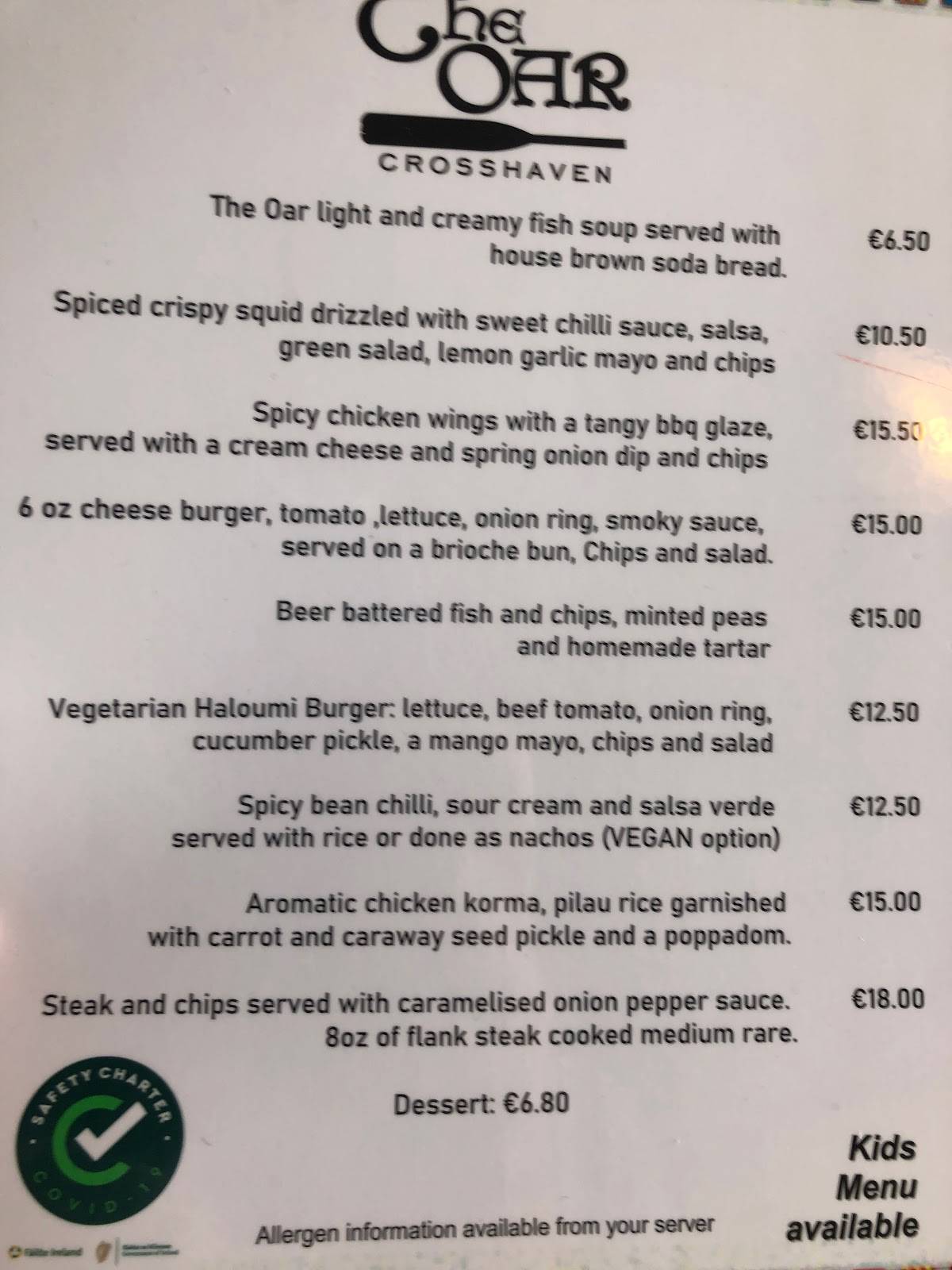 Menu at The Oar Bar, Crosshaven