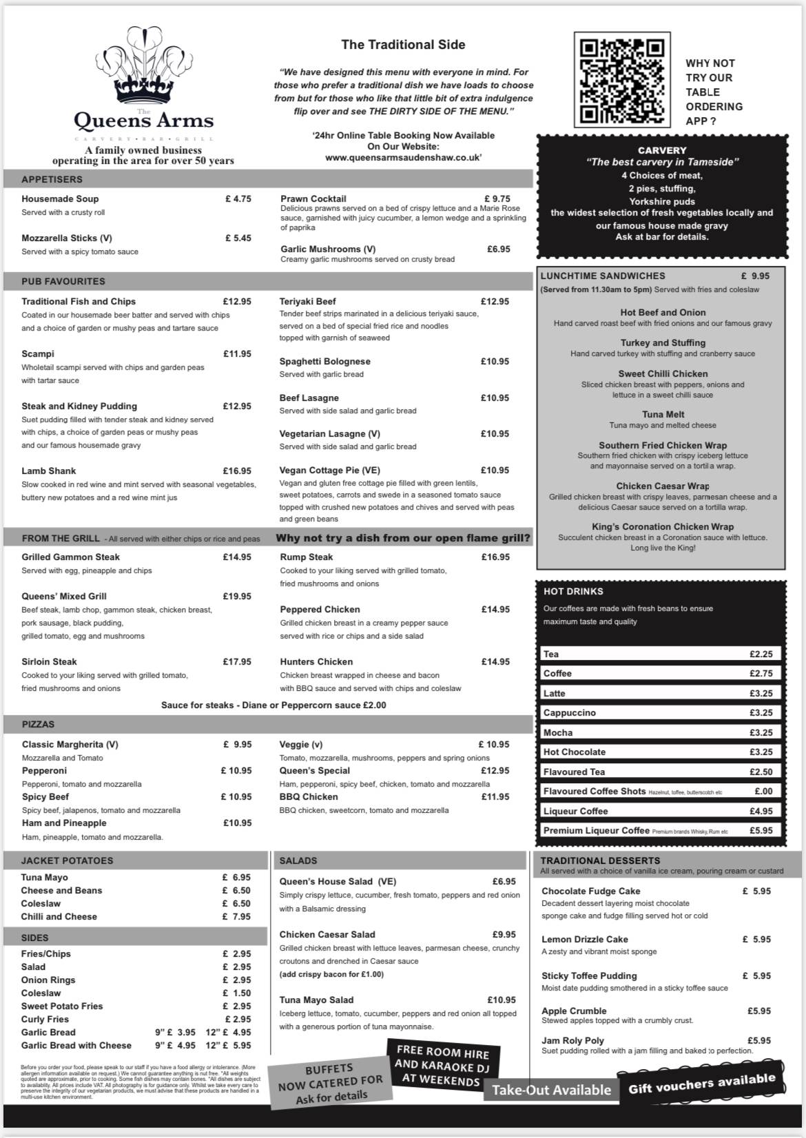 Menu at The Queens Arms Audenshaw pub & bar, Manchester, 72 Guide Ln