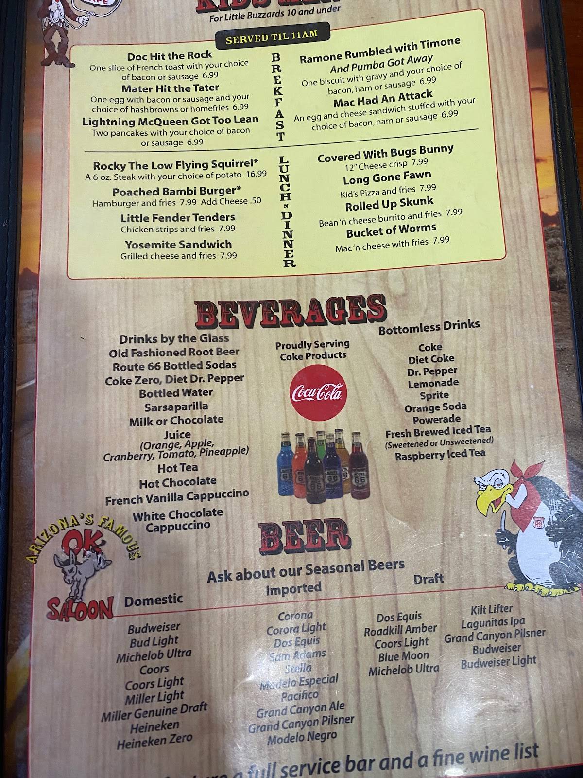 Menu at The Roadkill Cafe/O.K. Saloon, Seligman
