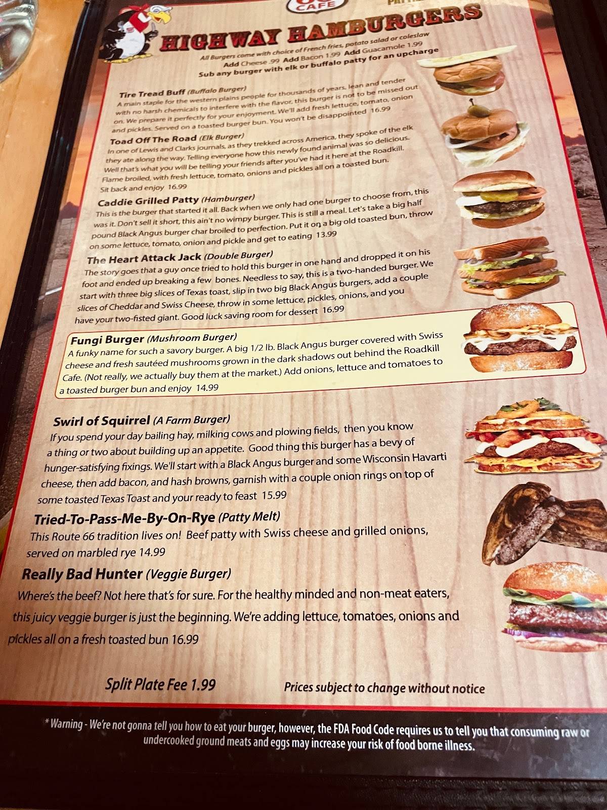 Menu at The Roadkill Cafe/O.K. Saloon, Seligman