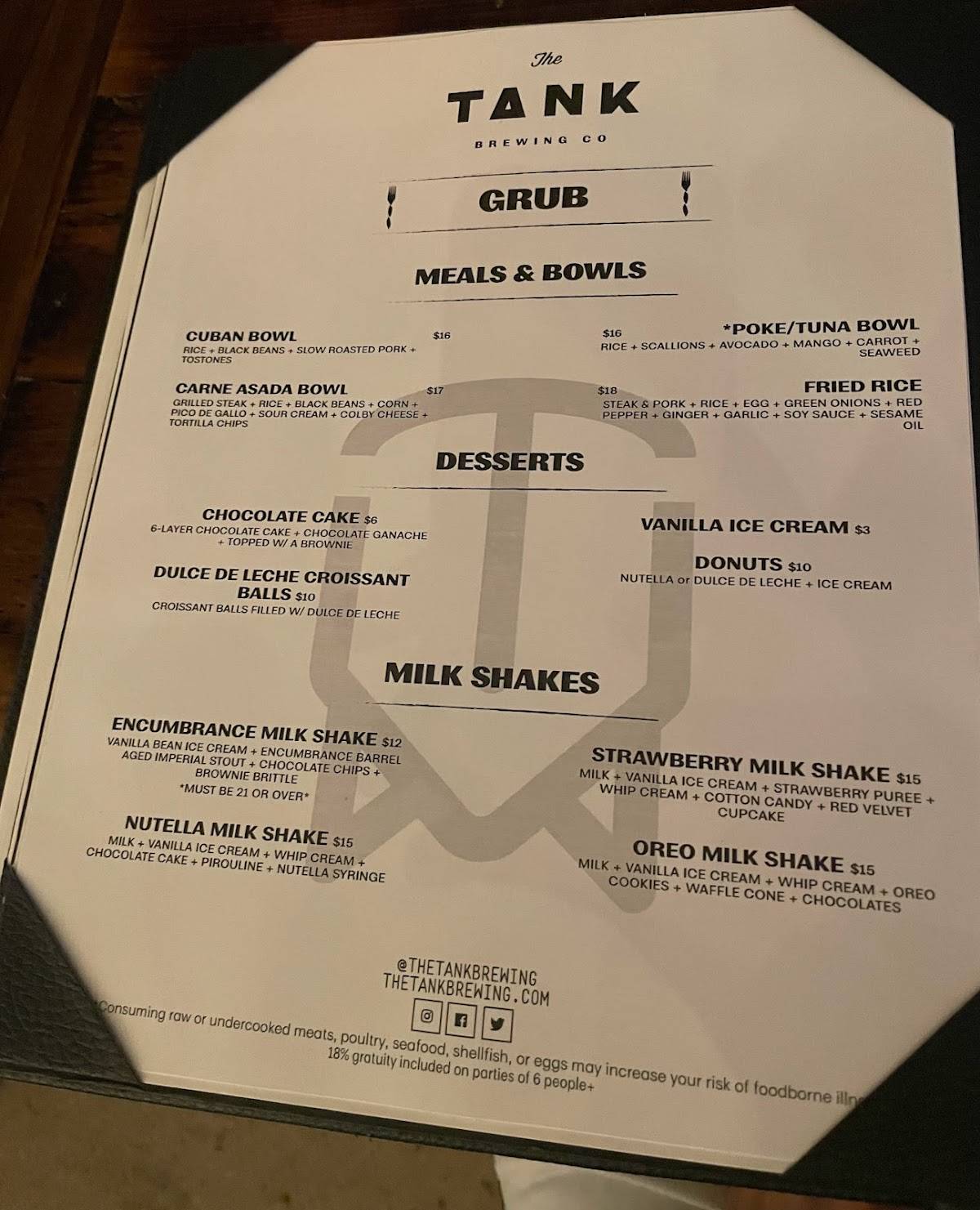 Menu at The Tank Brewing Co. pub & bar, Miami