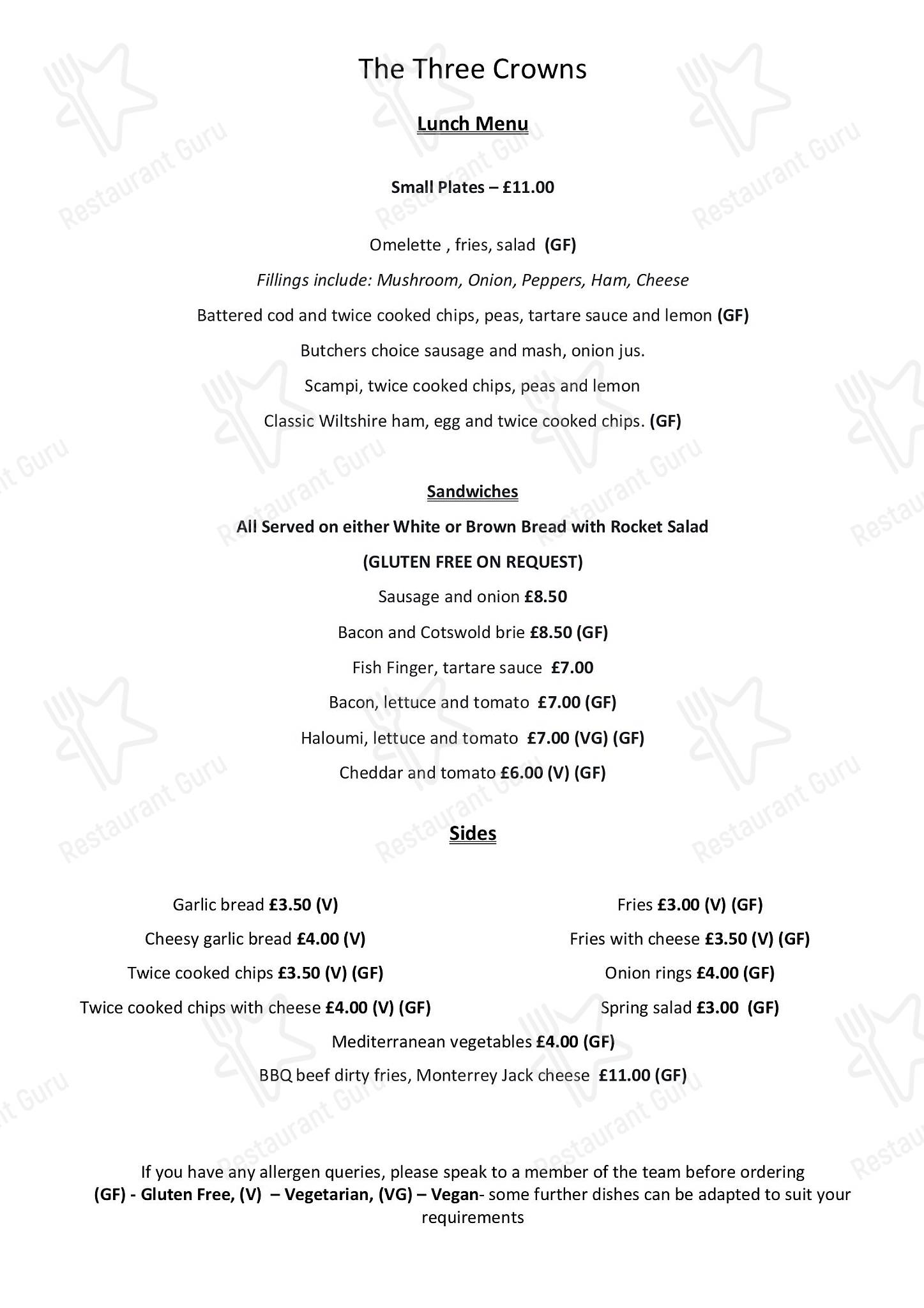 Menu at The Three Crowns, Brinkworth pub & bar, Brinkworth