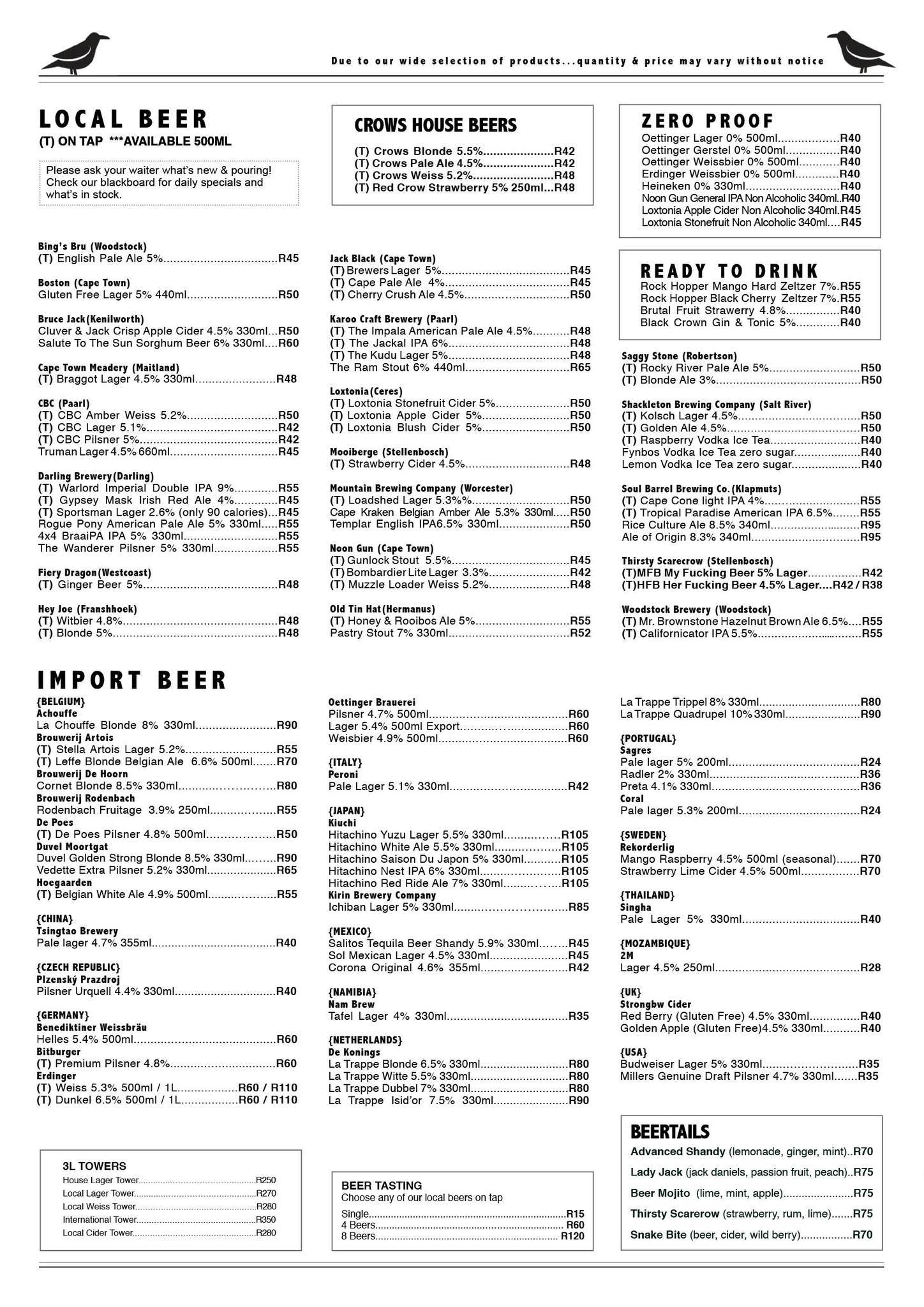 Menu at Thirsty Scarecrow pub & bar, Stellenbosch