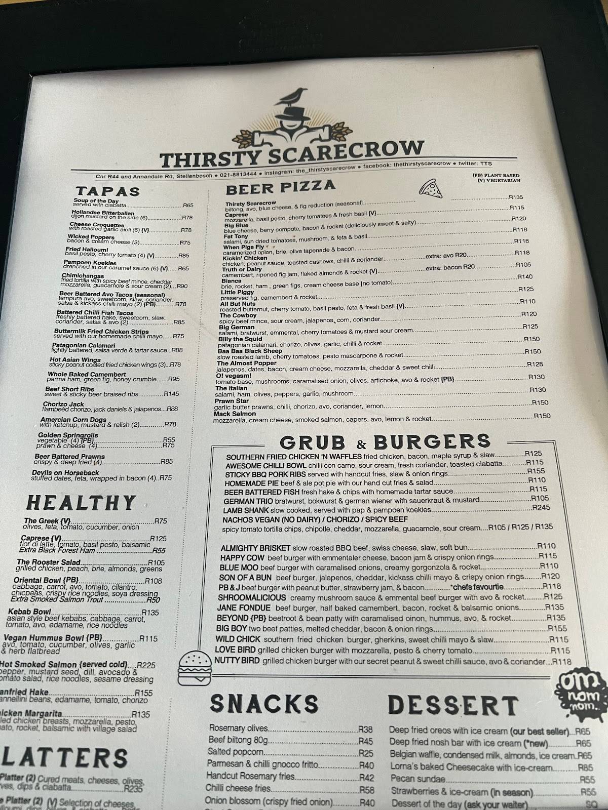 Menu at Thirsty Scarecrow pub & bar, Stellenbosch