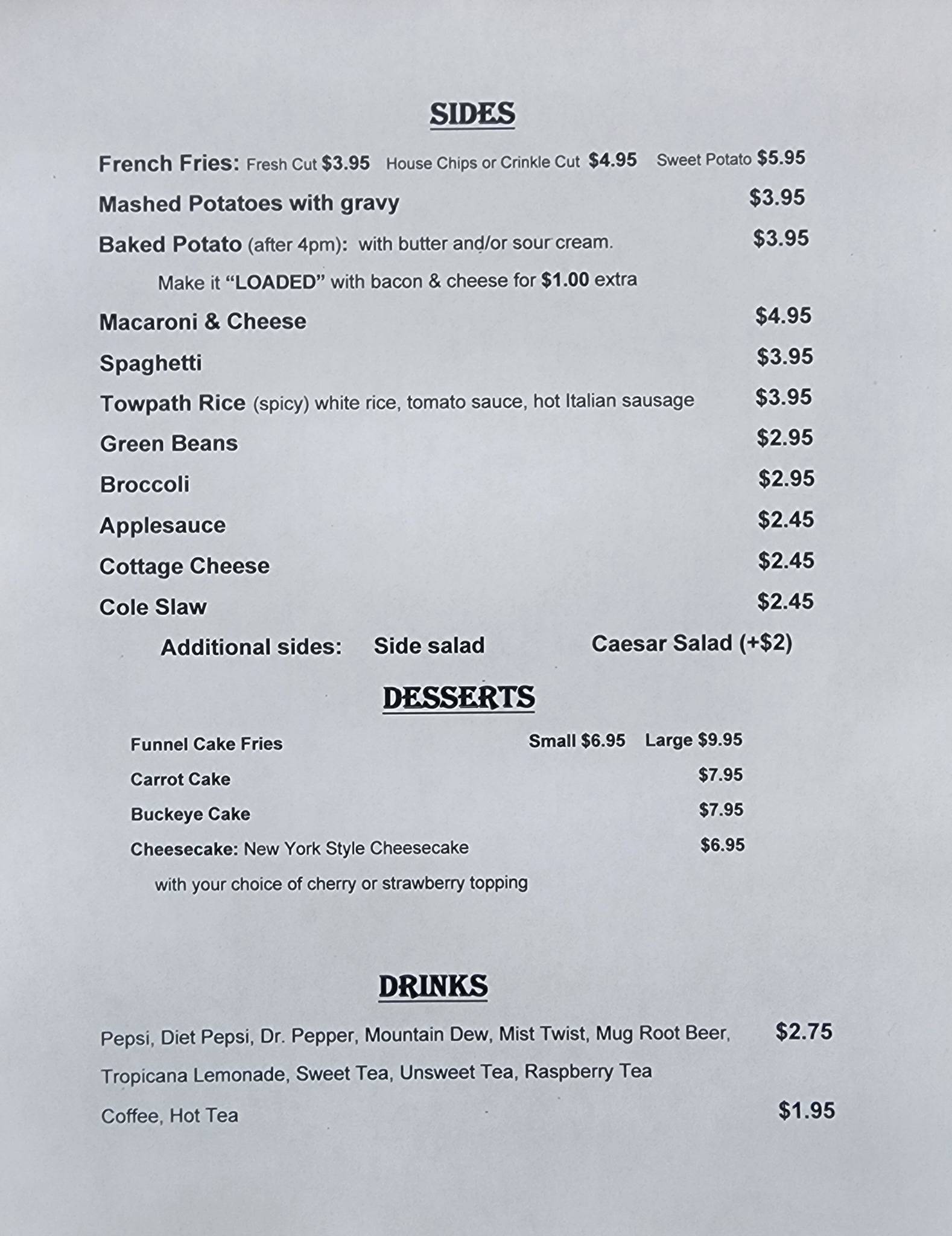 Menu at Towpath Tavern pub & bar, Bolivar, 225 Canal St