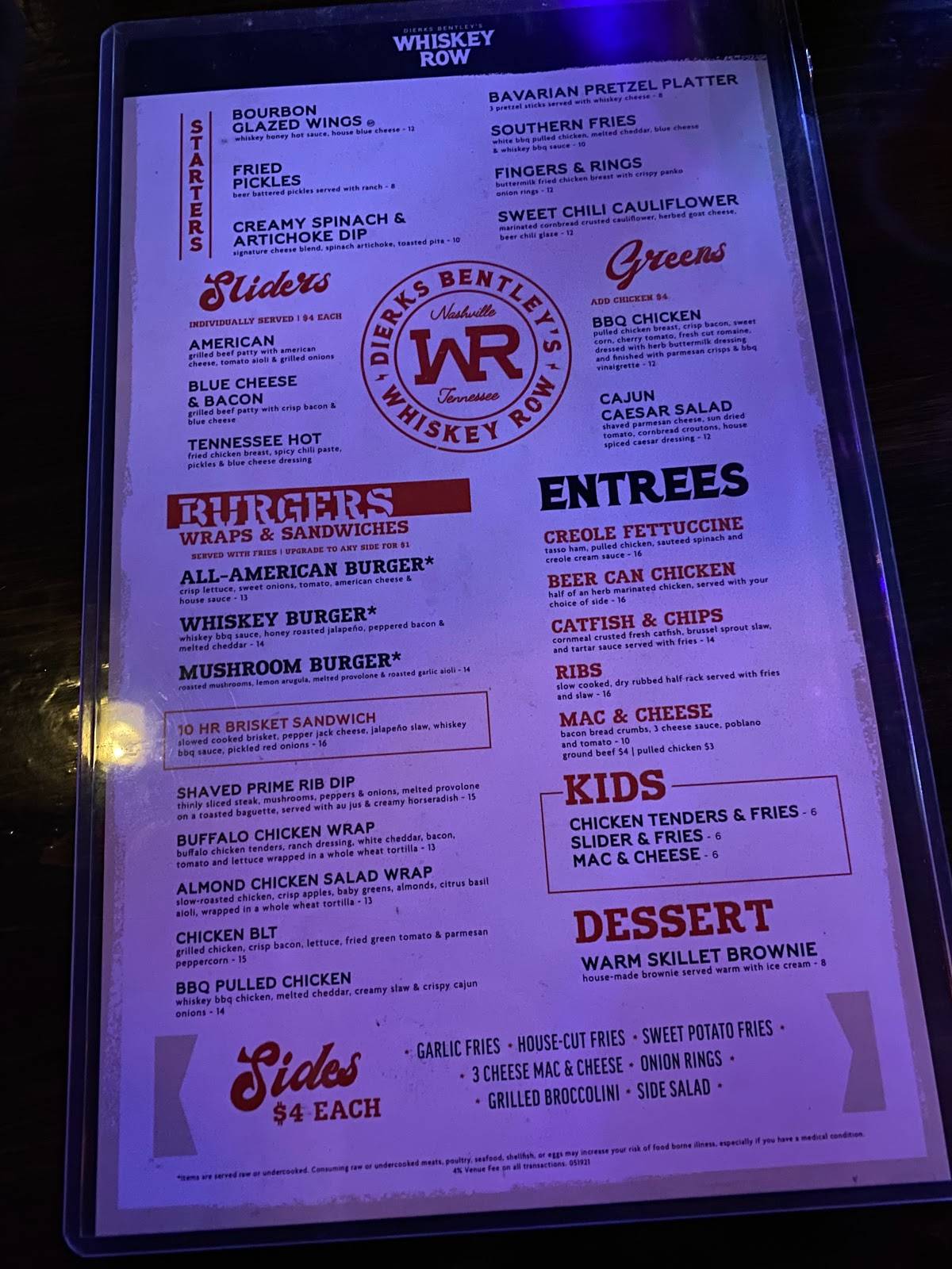 Menu at Whiskey Bent Saloon pub & bar, Nashville