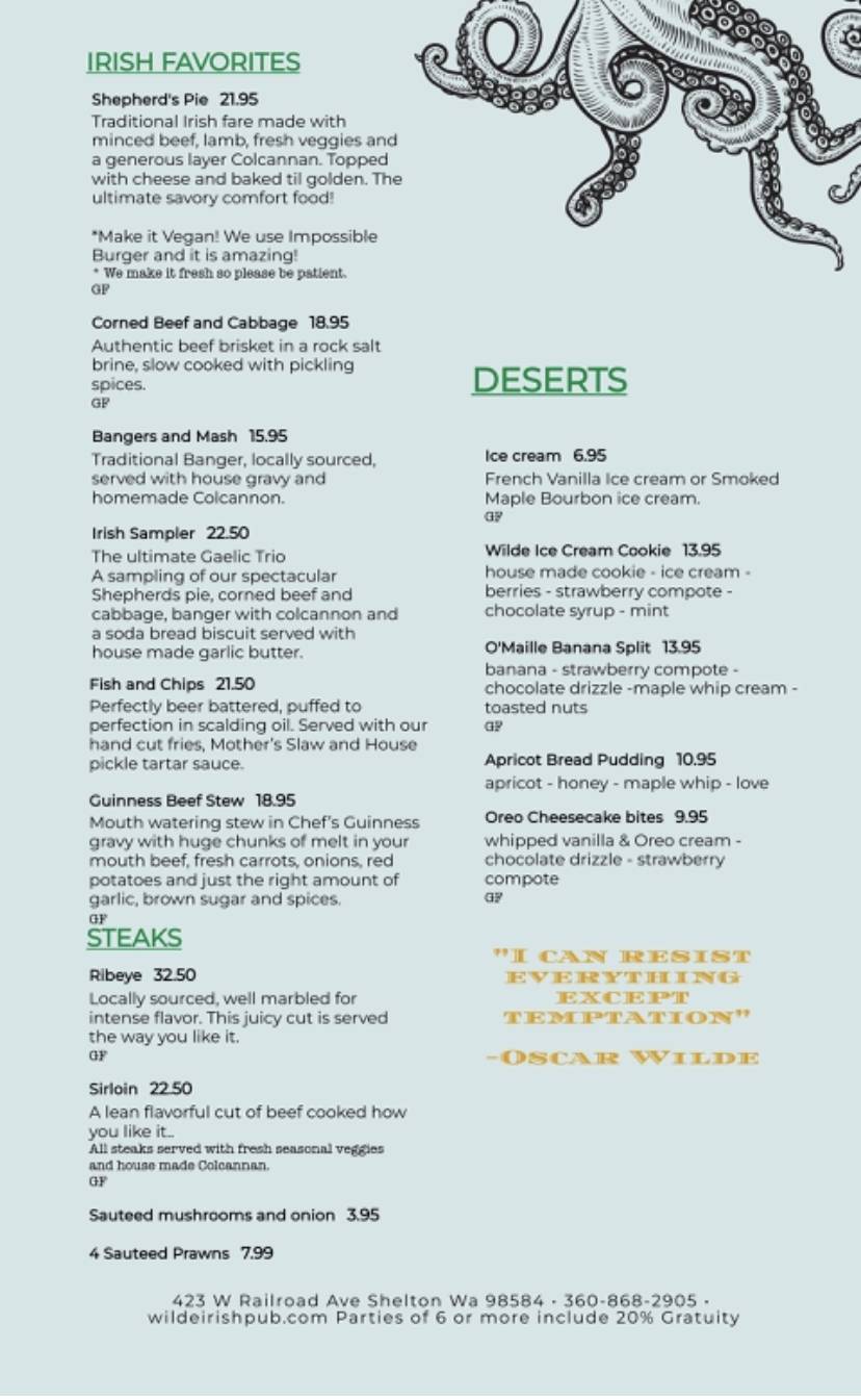 Menu at Wilde Irish Pub, Shelton
