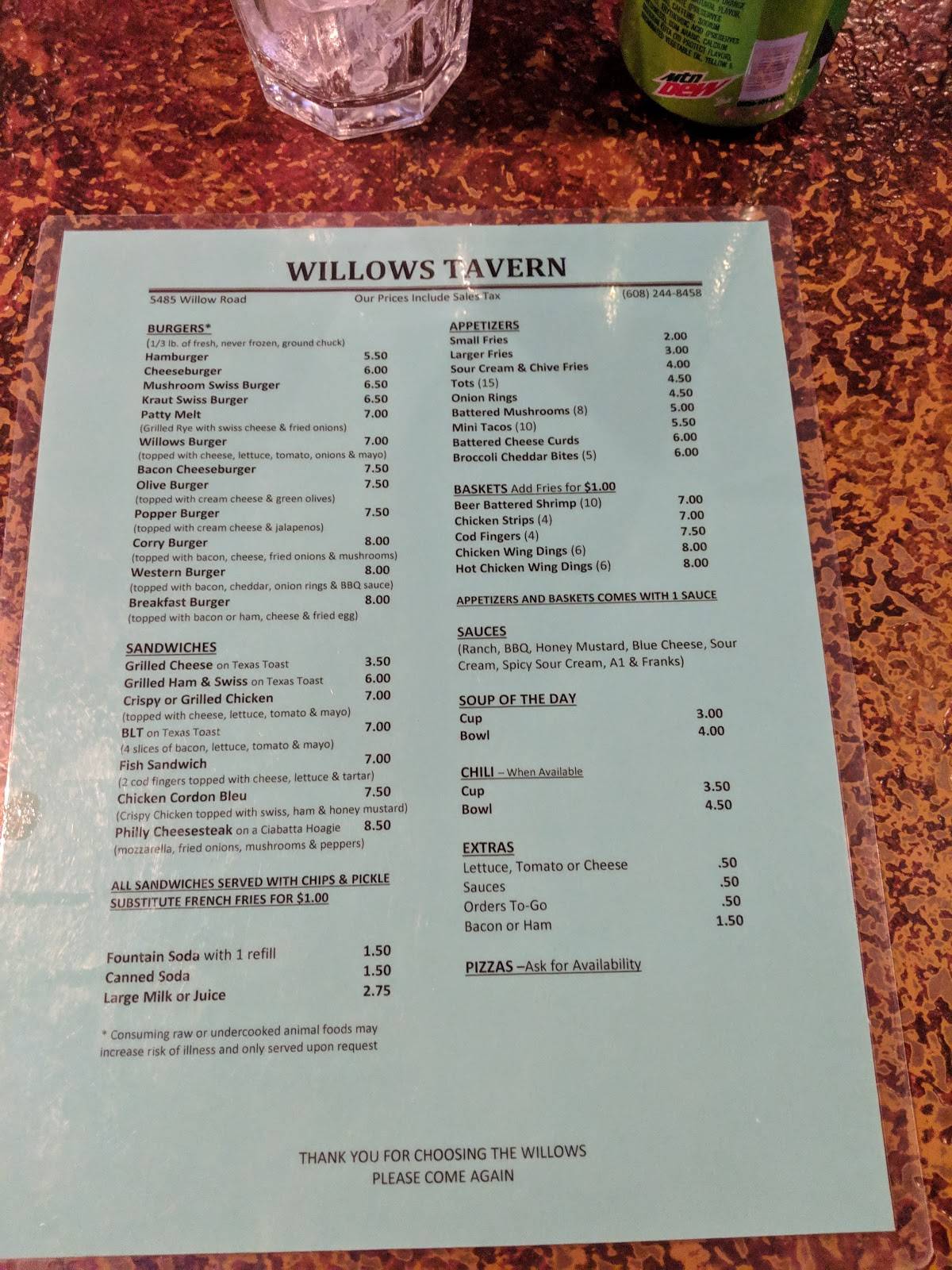 Menu at Willows Tavern pub & bar, Waunakee
