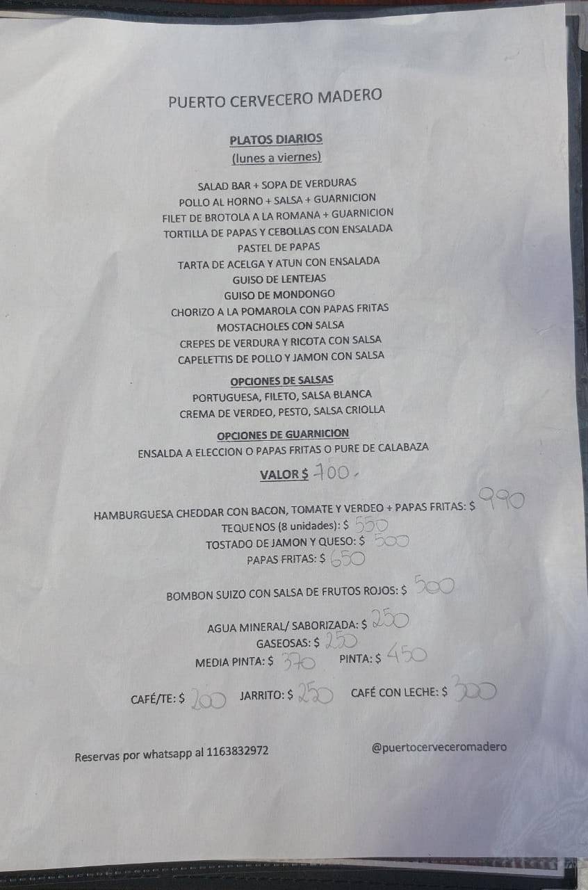 Carta del restaurante Puerto Cervecero Madero, Buenos Aires