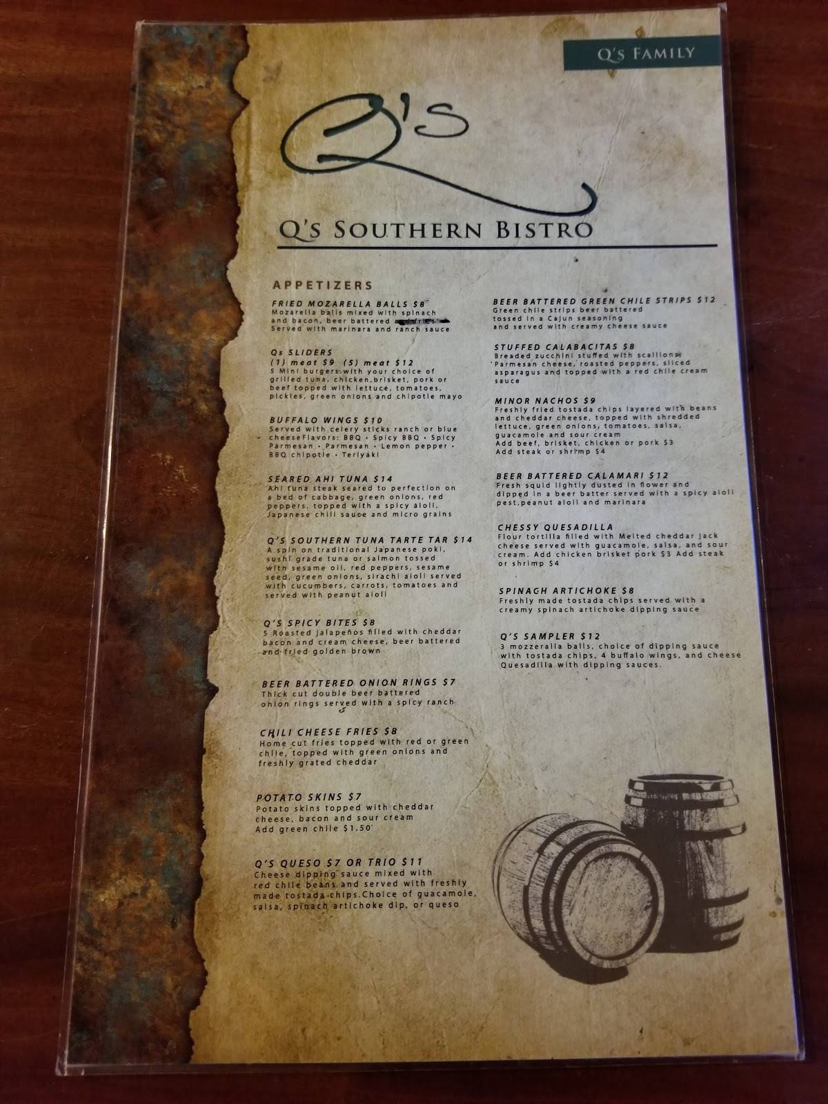 Menu at Q's Southern Bistro pub & bar, Silver City