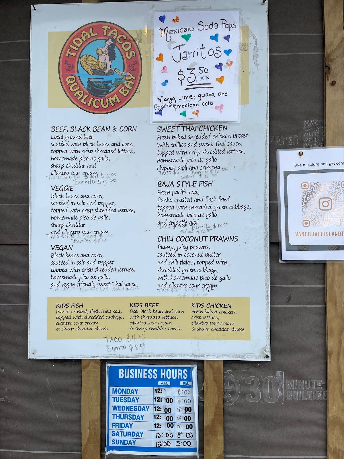 Menu at Fanny Bay Tidal Tacos restaurant, Qualicum Bay