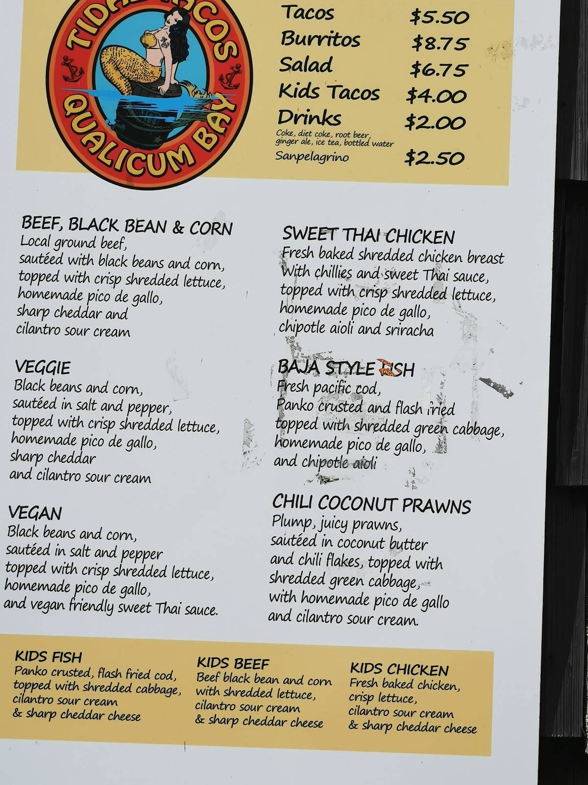 Menu at Fanny Bay Tidal Tacos restaurant, Qualicum Bay