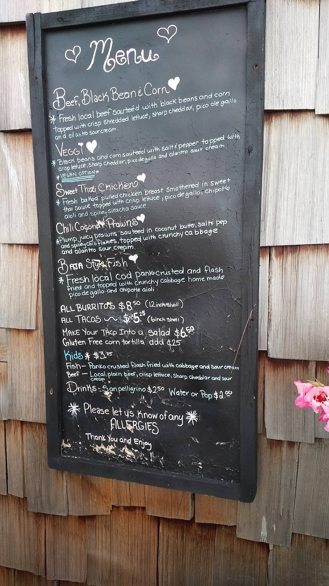 Menu at Fanny Bay Tidal Tacos restaurant, Qualicum Bay