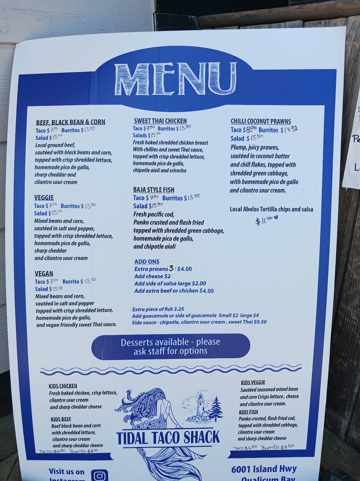 Menu at Fanny Bay Tidal Tacos restaurant, Qualicum Bay
