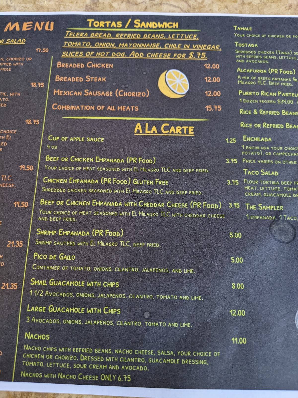Menu at El Milagro Bakery and Taqueria, Quarryville
