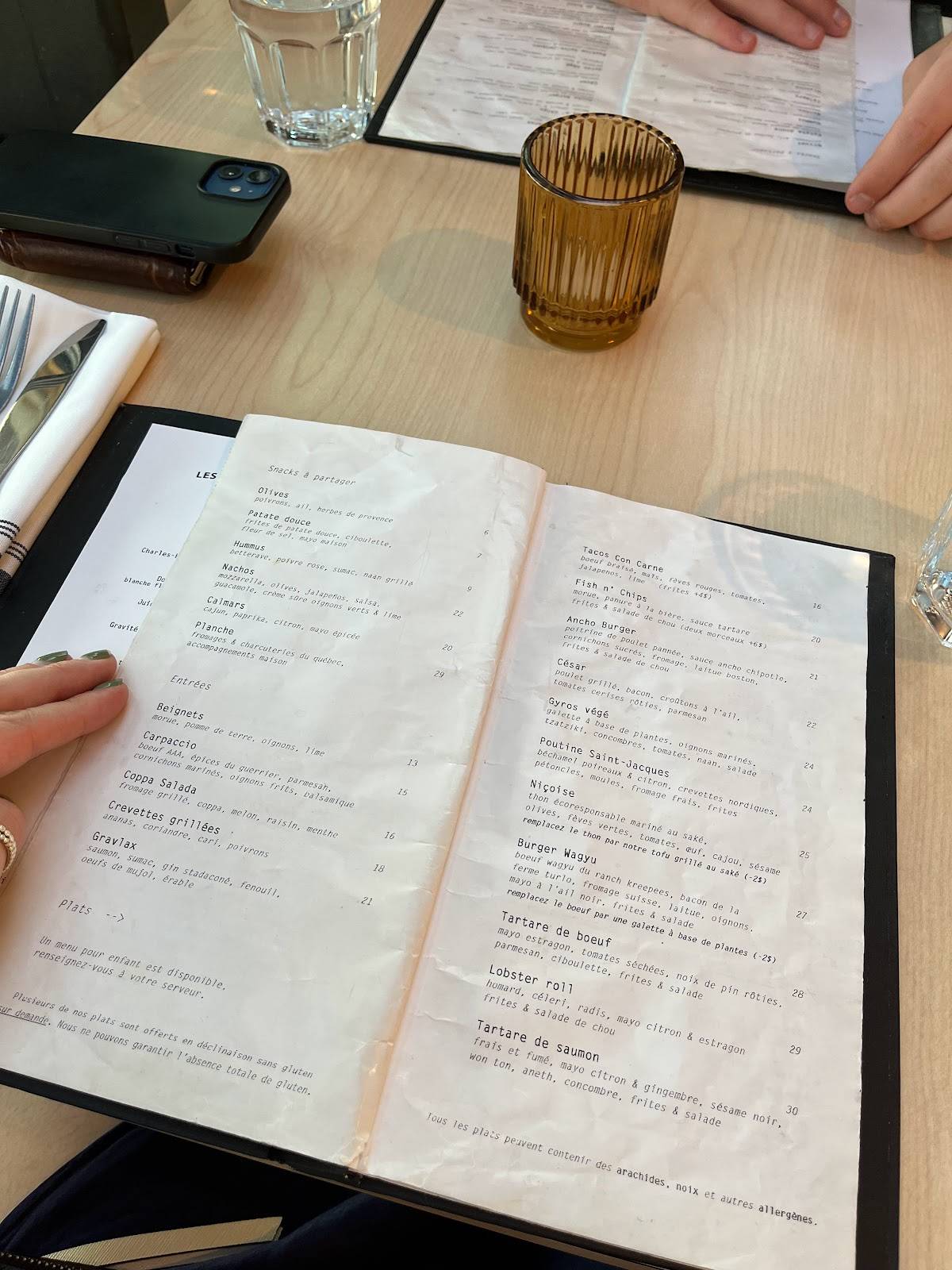 Menu au QUAI 1635 restaurant, Québec