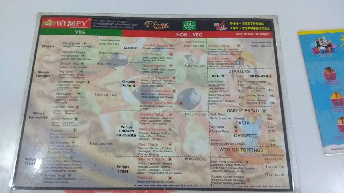 Menu at RSM Wimpy, Chennai