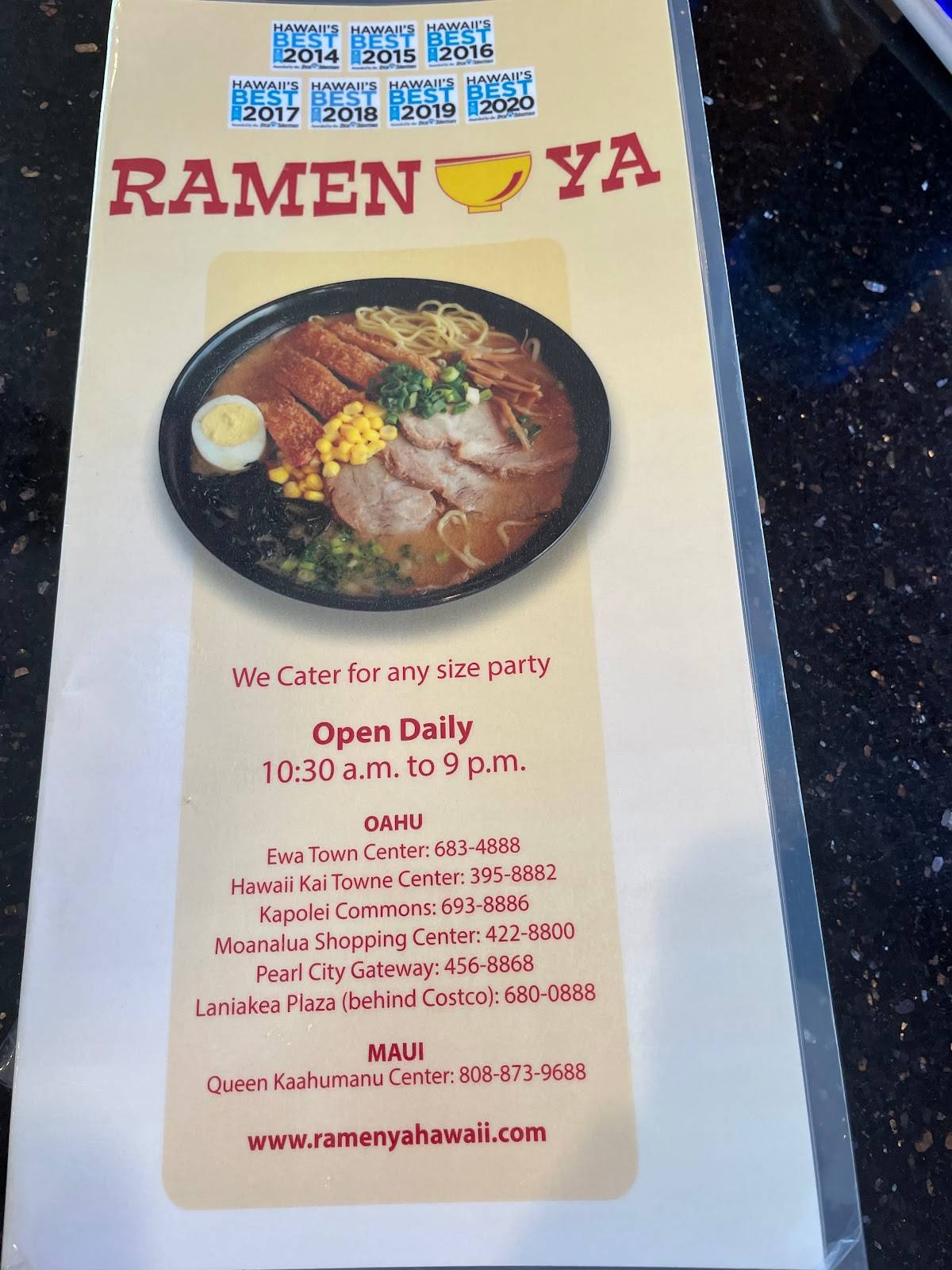 Menu at Ramen-Ya restaurant, Kapolei