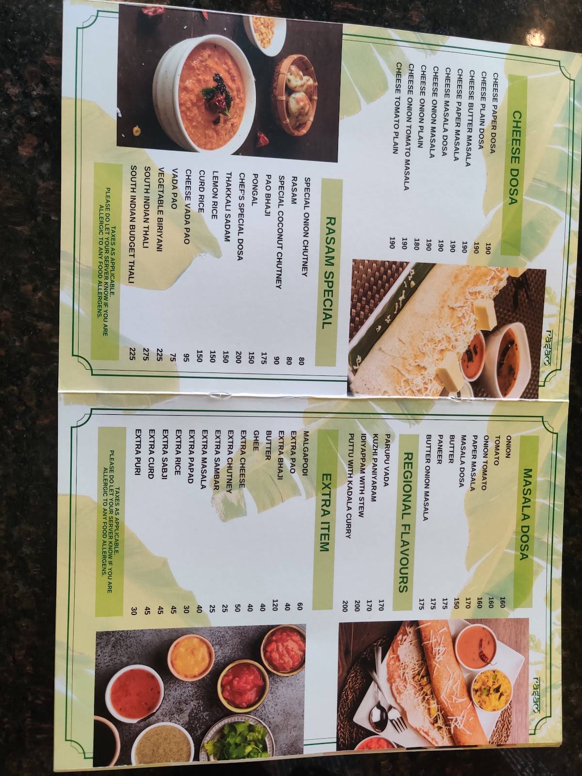 Menu at Rasam, Kolkata, Salt Lake