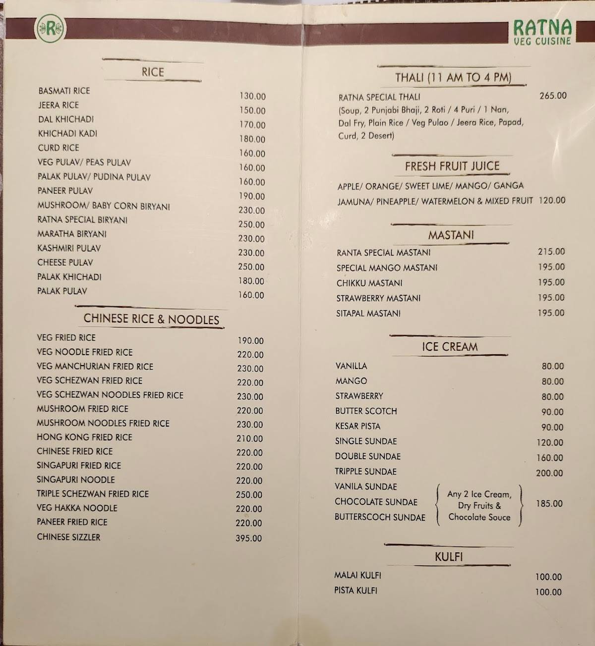Menu at Ratna Veg Cuisine, Pune, Kakade Plaza