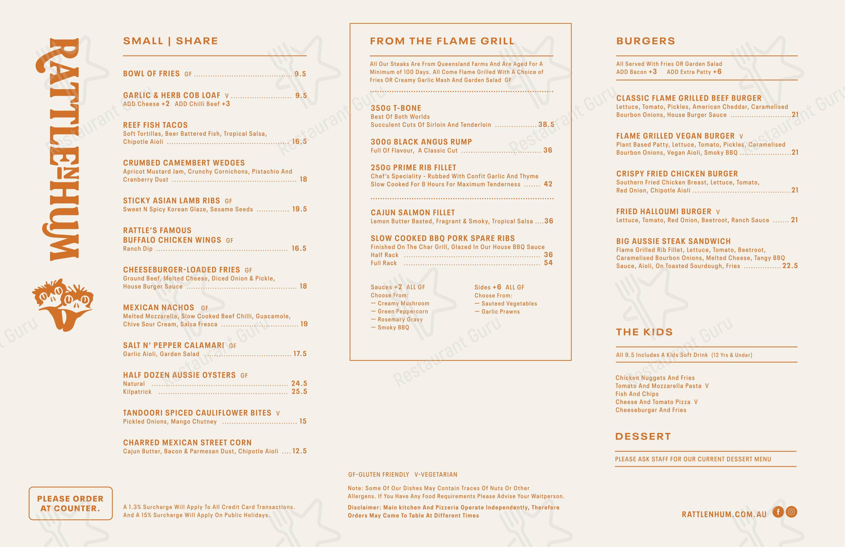 Menu at Rattle n Hum Cairns pizzeria, Cairns