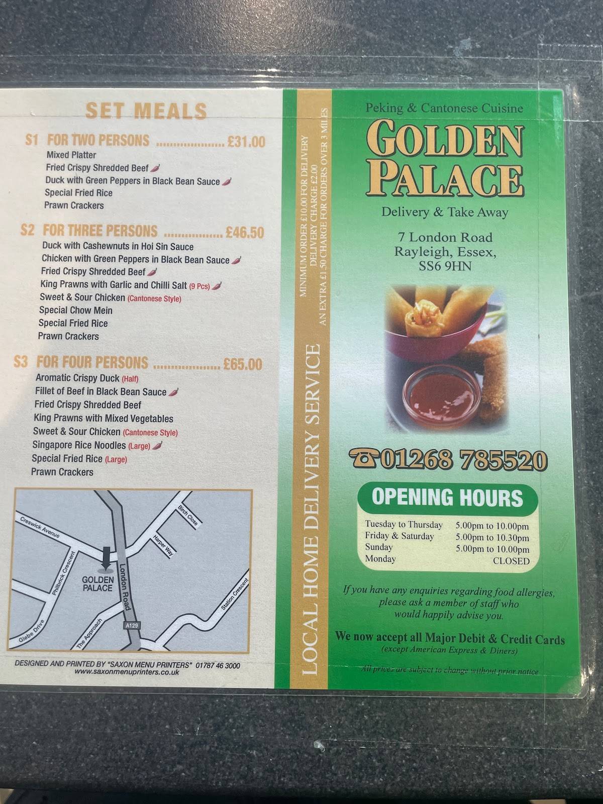 Menu at Golden Palace fast food, Rayleigh
