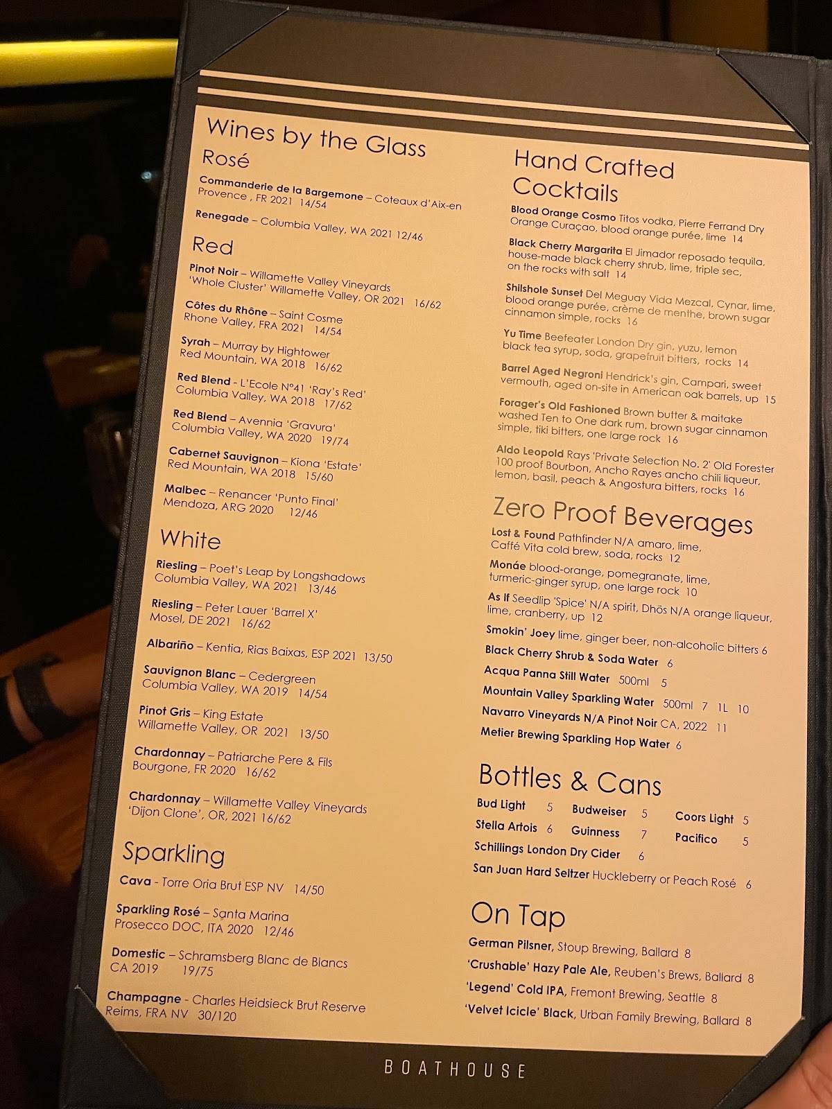 Menu at Ray's Boathouse restaurant, Seattle