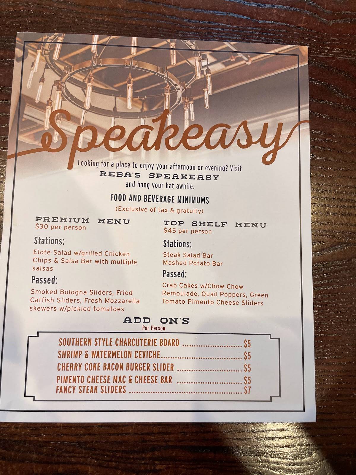Menu at Reba's Place restaurant, Atoka