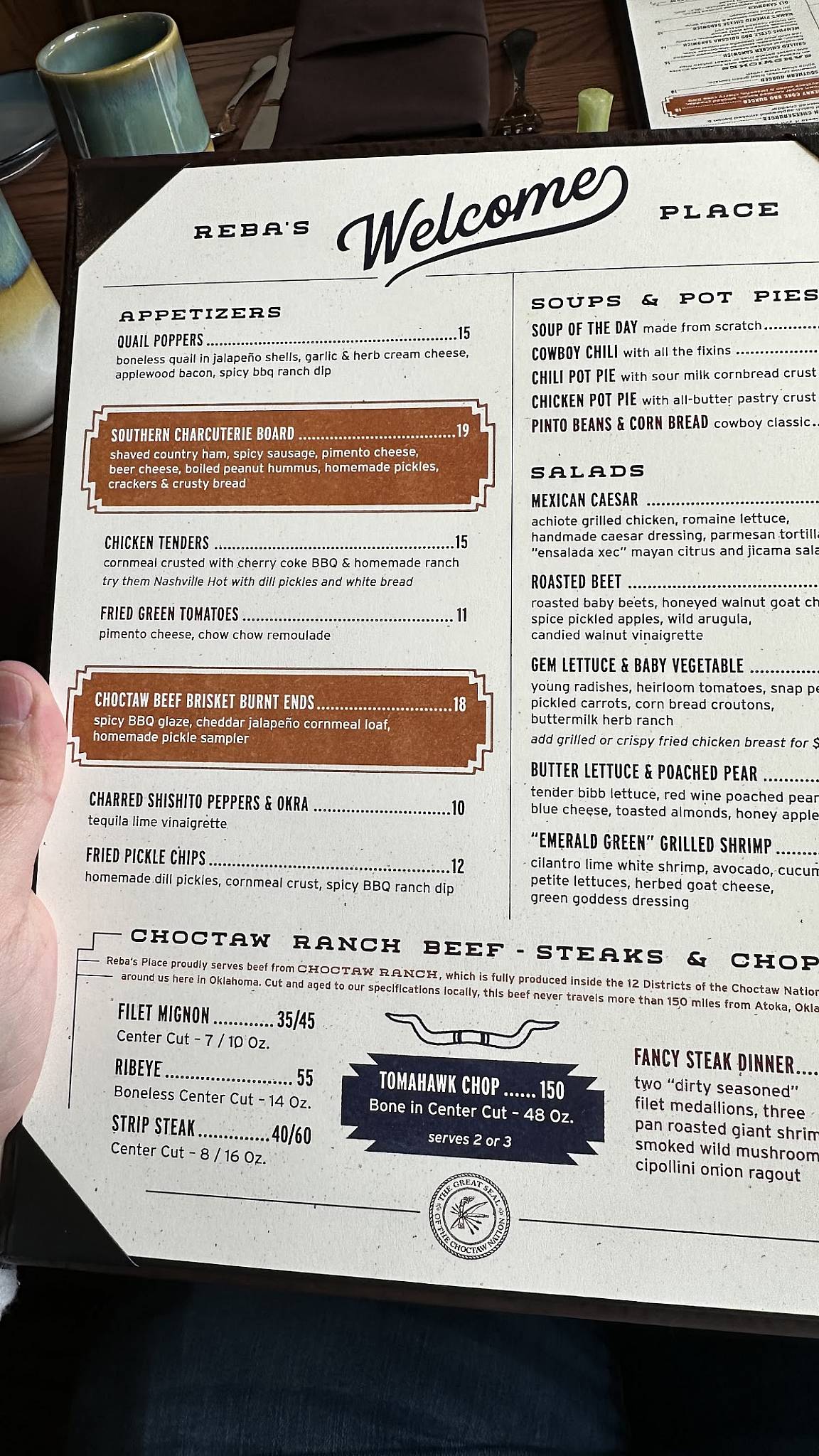 Menu at Reba's Place restaurant, Atoka