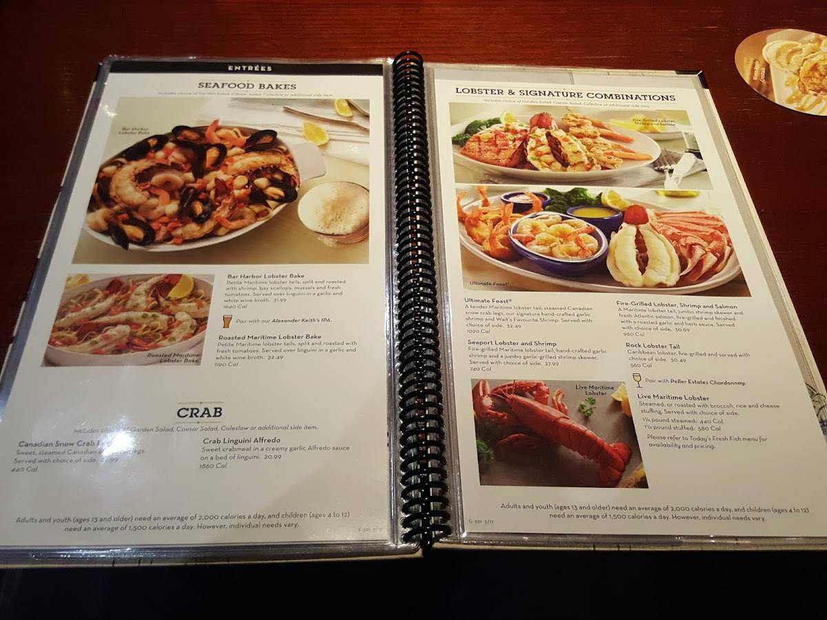 Menu at Red Lobster restaurant, Calgary, Macleod Trail SW