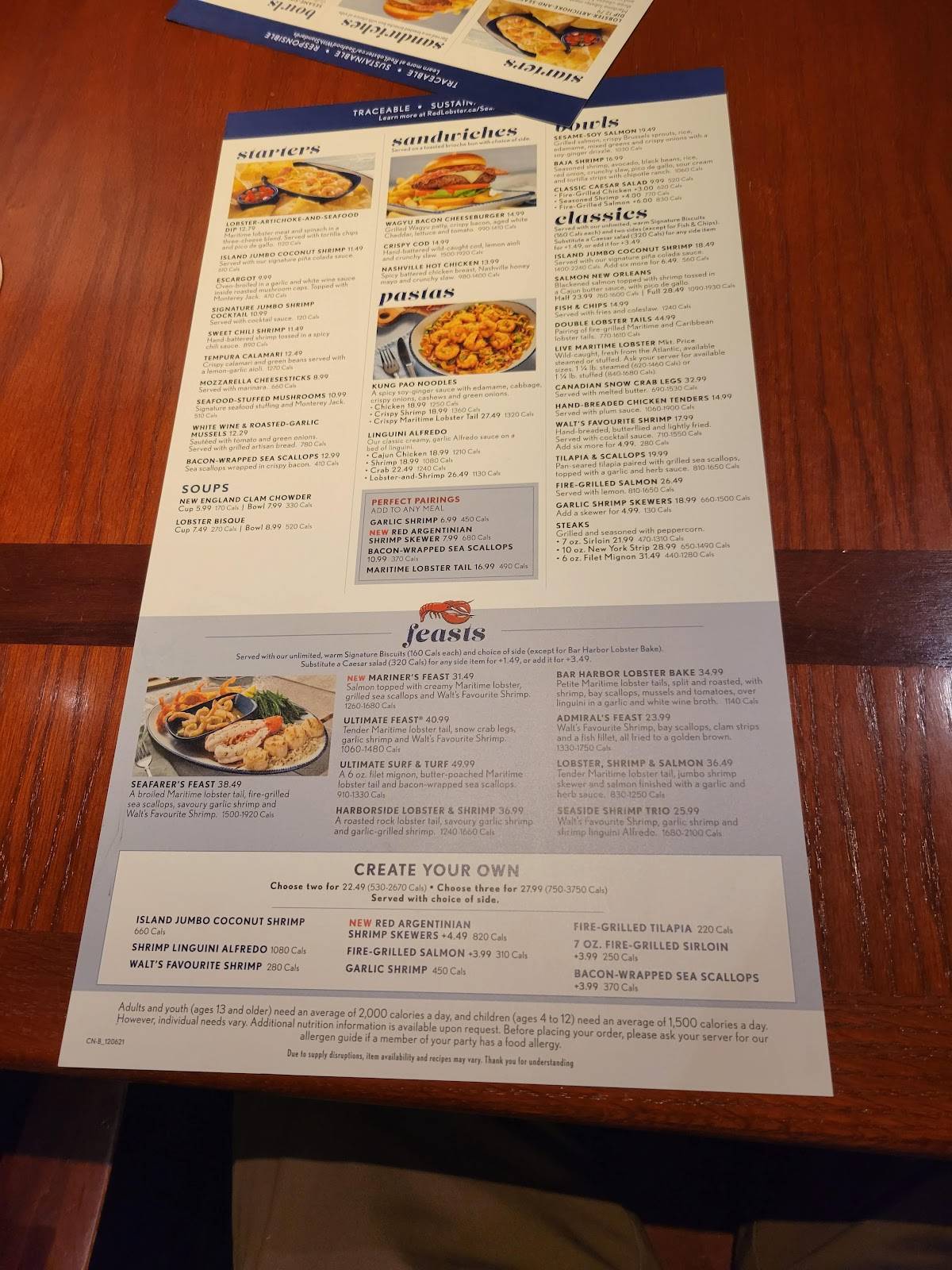 Menu at Red Lobster restaurant, Calgary, Macleod Trail SW