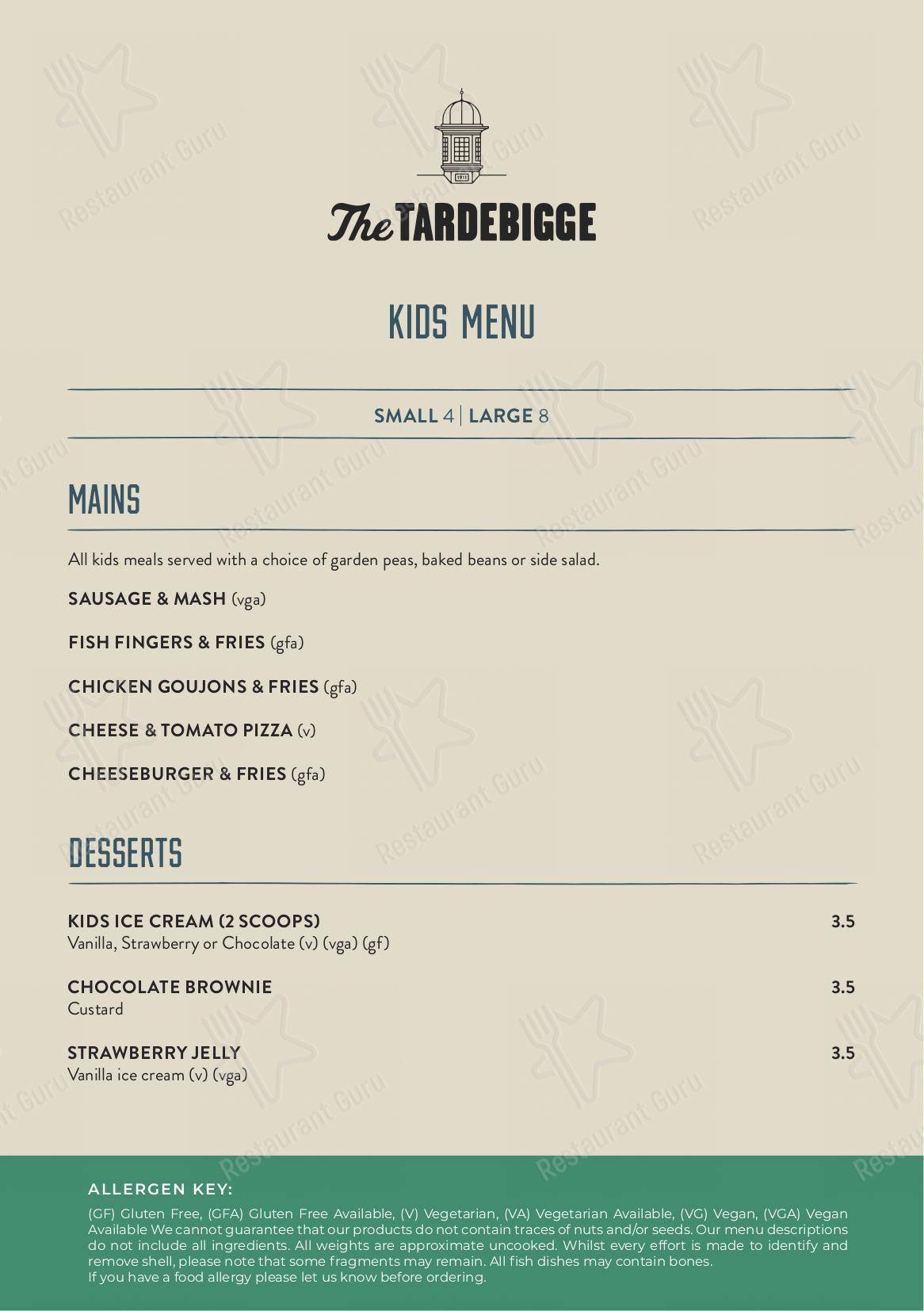 Menu at The Tardebigge steakhouse, Redditch