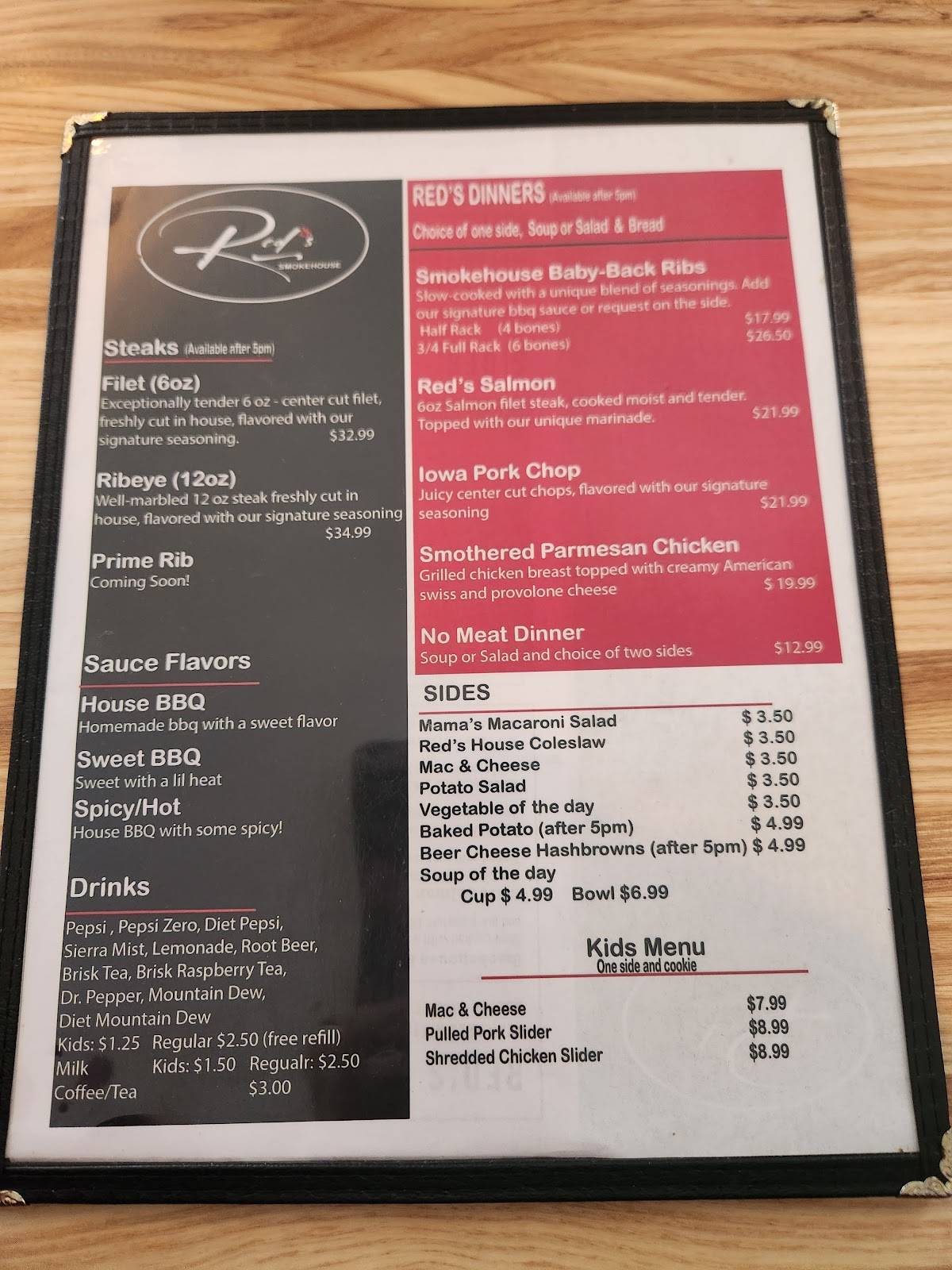 Menu at Red's Smokehouse BBQ, Iowa Falls