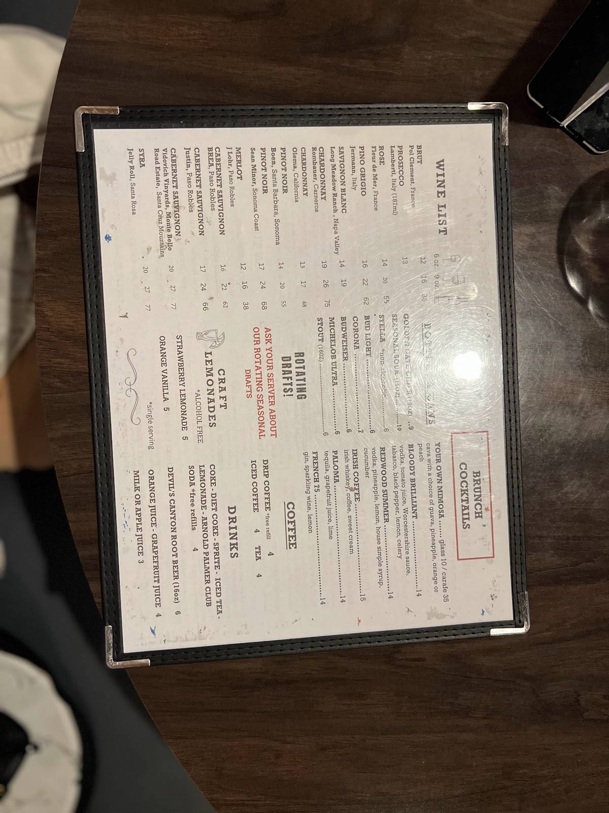 Menu at Redwood Grill in Los Altos restaurant, Los Altos