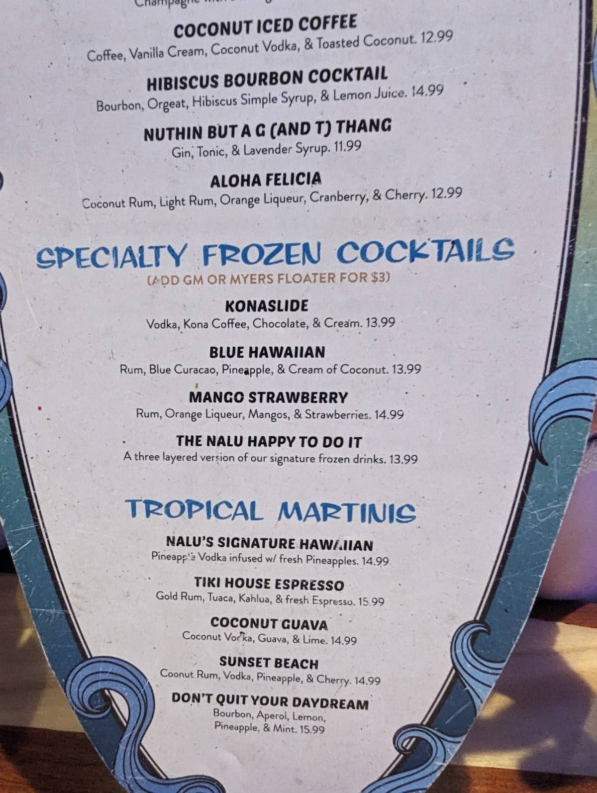 Menu at Nalu restaurant, Rehoboth Beach