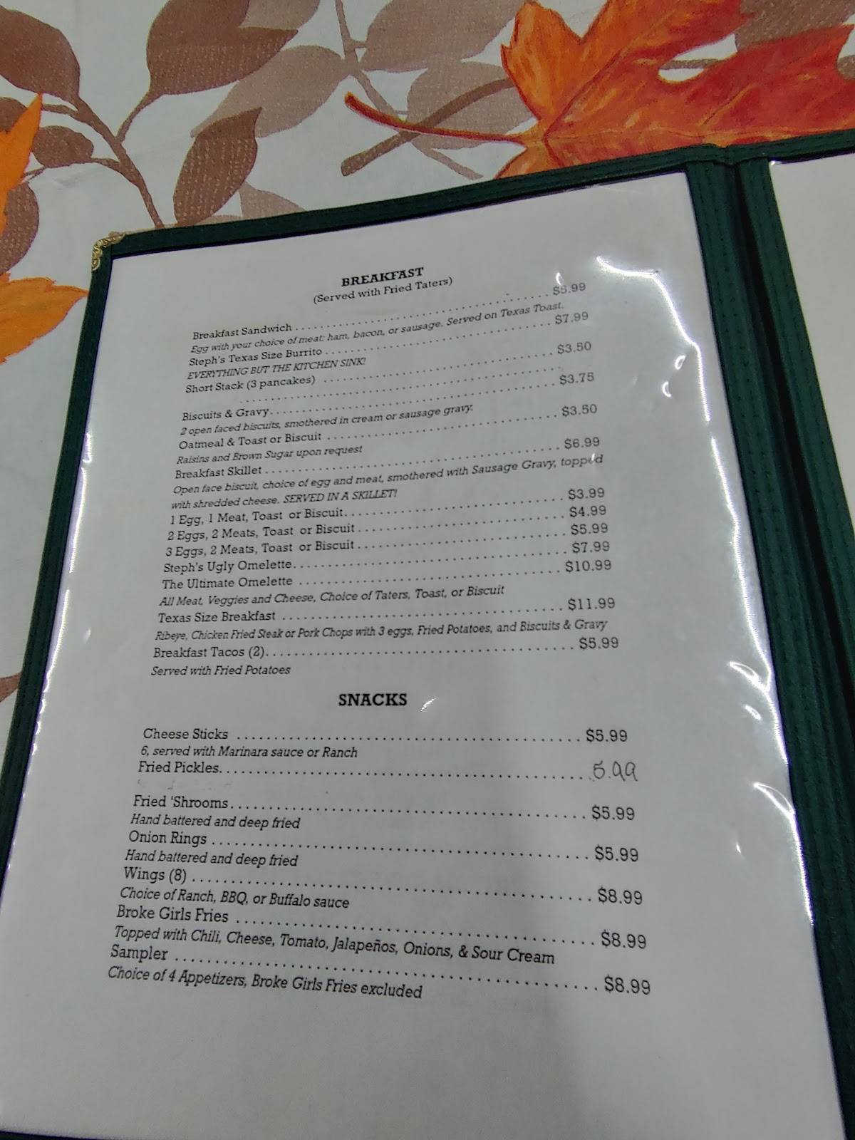 Menu at 5 Broke Girls restaurant, Horse Cave