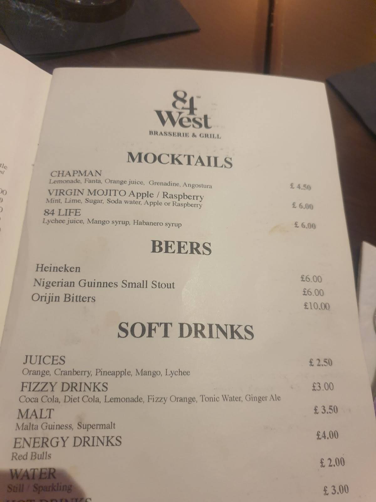 Menu at 84 West Brasserie & Grill restaurant, London